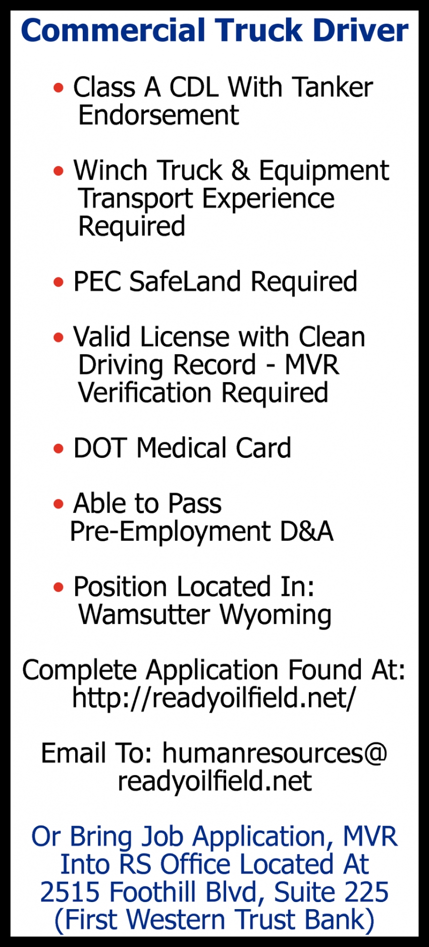 Commercial Truck Driver, Ready Oilfield Service Inc.