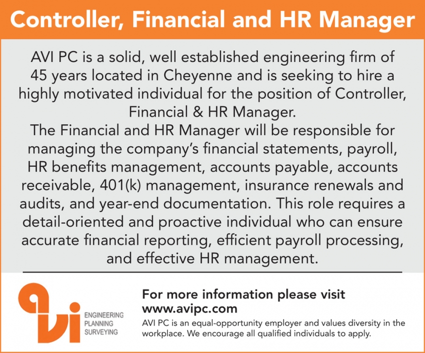 Controller, Financial and HR Manager, AVI PC