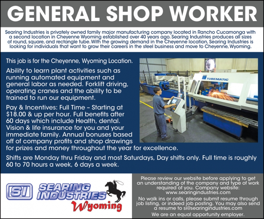 General Shop Worker, Search Industries Wyoming